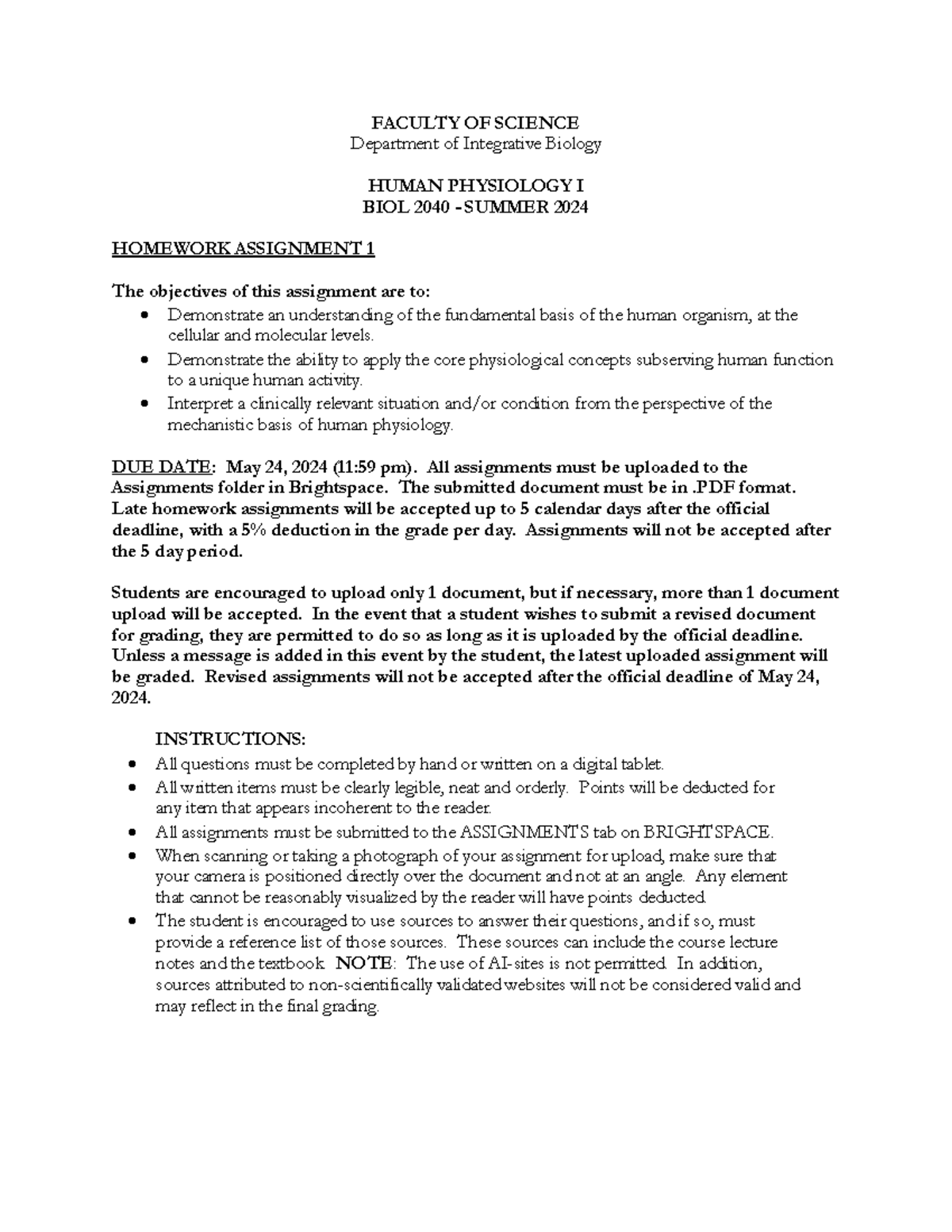 BIOL 2040 S24 Homework 1 - FACULTY OF SCIENCE Department of Integrative ...