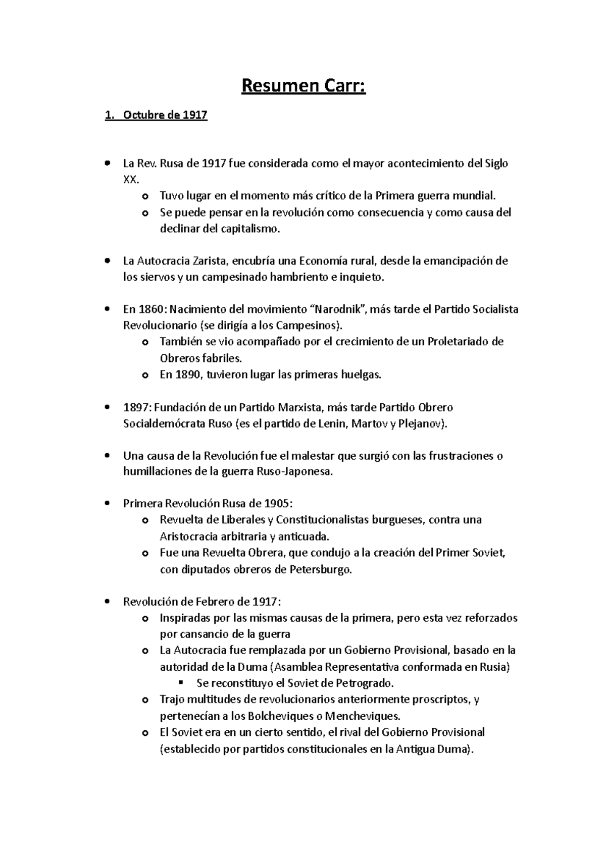 Resumen Carr - Resumen Carr: 1. Octubre de 1917 La Rev. Rusa de 1917 ...
