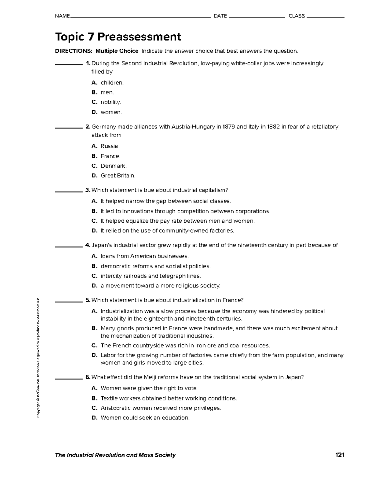 Topic 7+preassessment - DIRECTIONS: Multiple Choice Indicate the answer ...