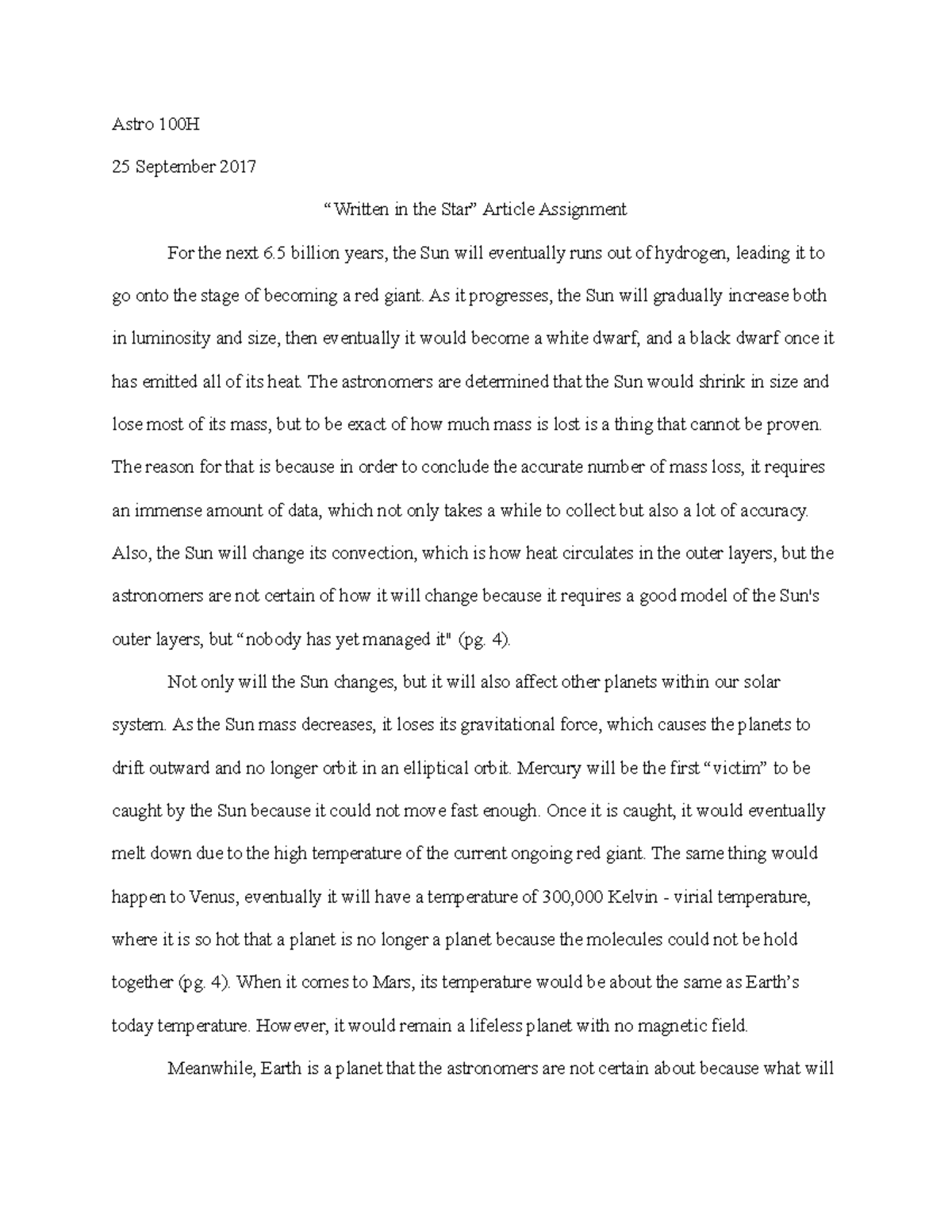 Astro Hw #7 - Homework #7 - Astro 100H 25 September 2017 “Written in the Star” Article ...