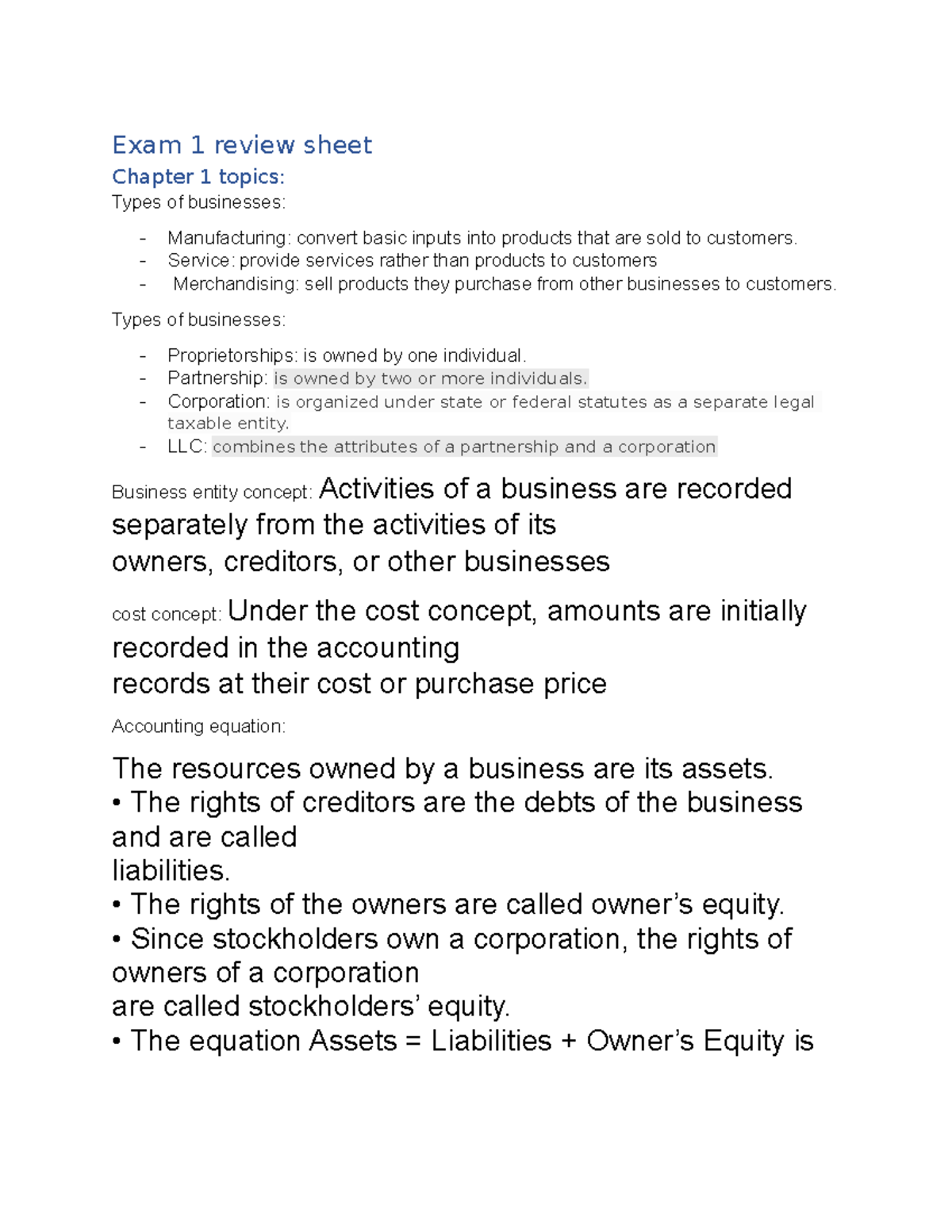 Exam 1 review sheet - Exam 1 review sheet Chapter 1 topics: Types of ...