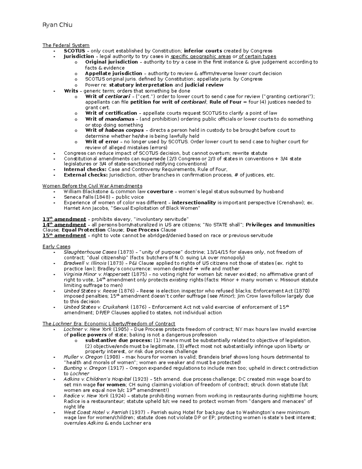 Midterm Exam Reference Sheet - Ryan Chiu The Federal System - SCOTUS – only court established by ...