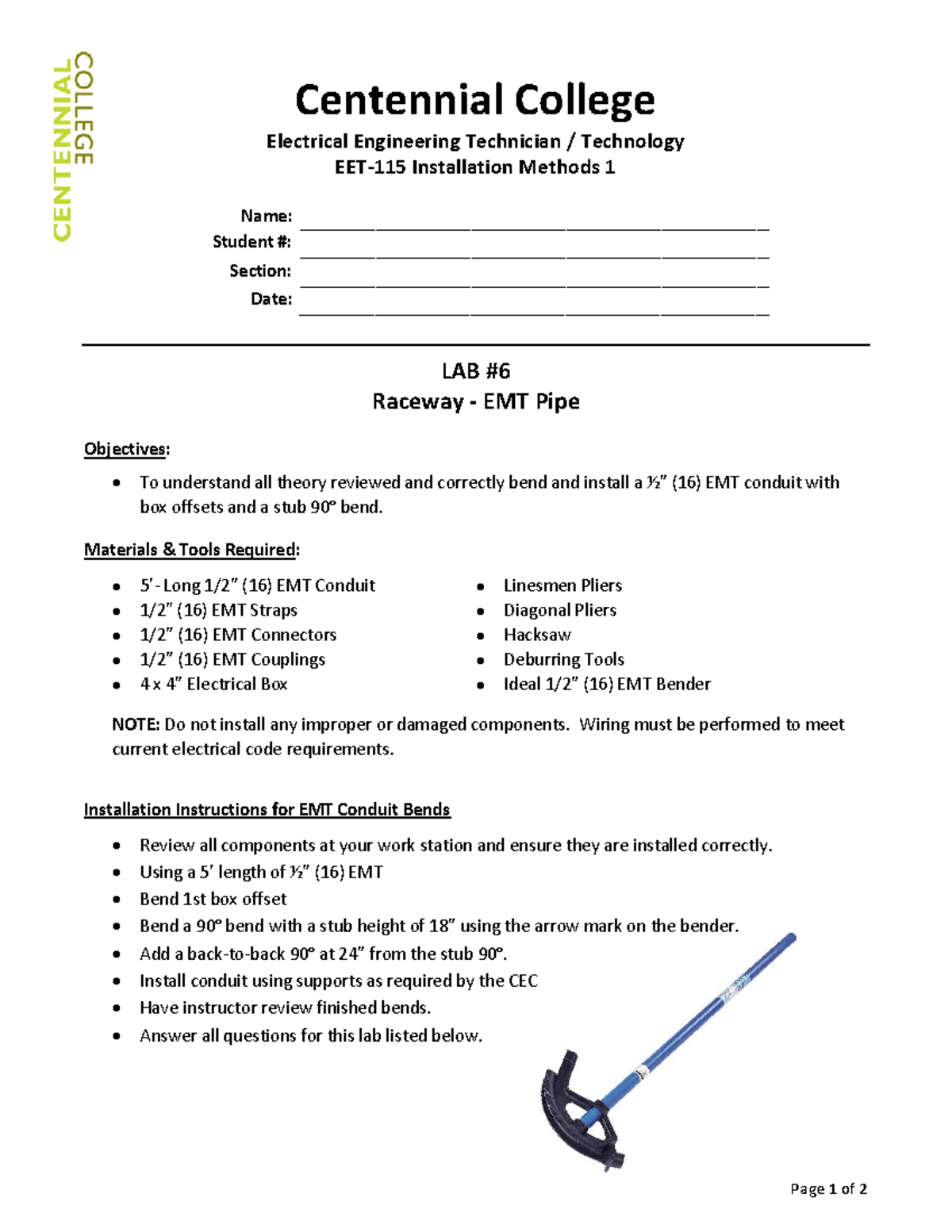 EET-115 Lab 6 - Raceway - EMT Pipe - Page 1 of 2 Centennial College ...