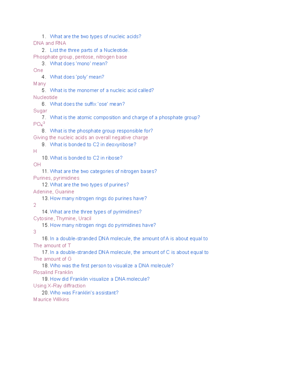 Intro to genetics questions - What are the two types of nucleic acids ...