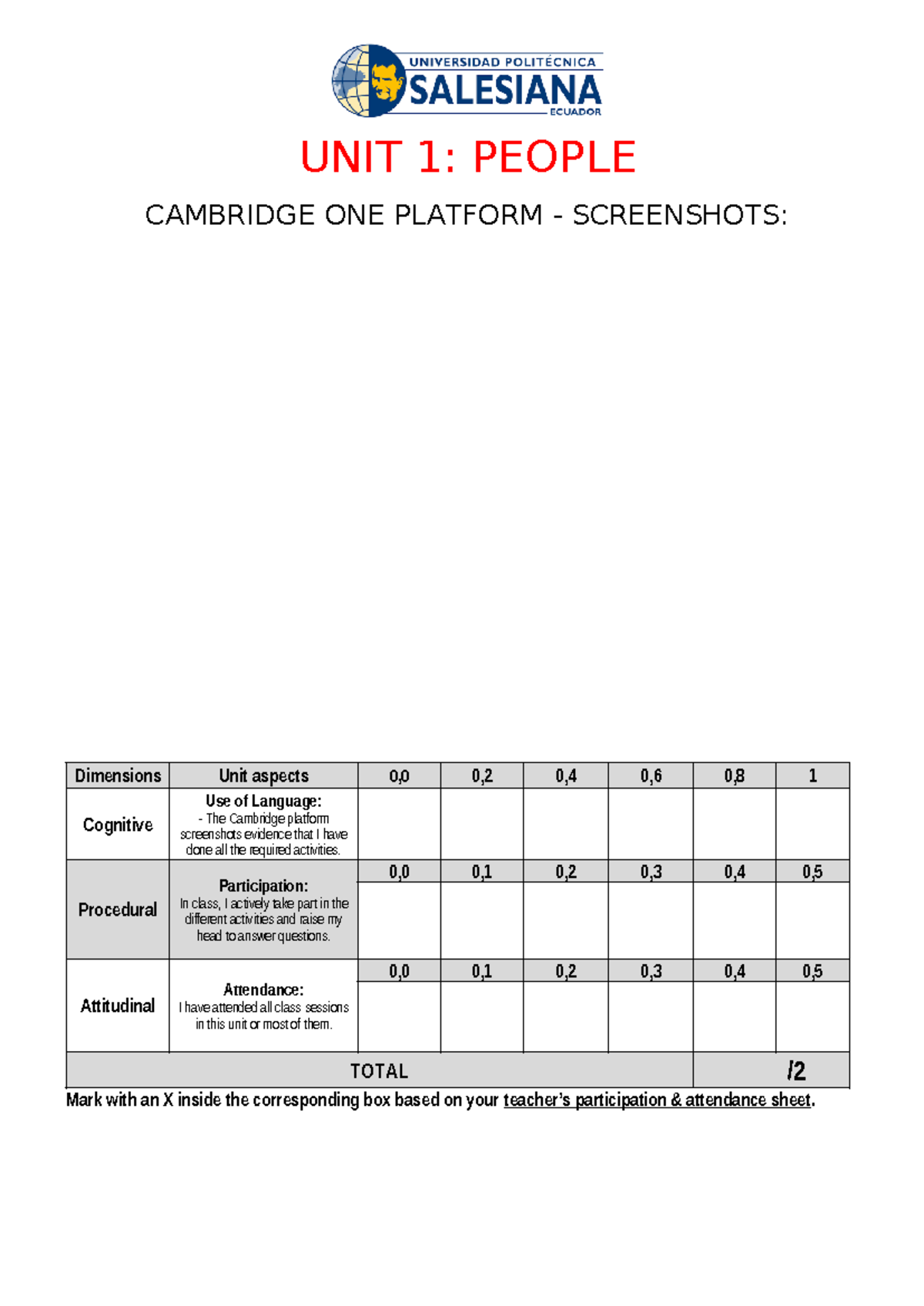UNIT 1 SELF- Evaluation P64 - UNIT 1: PEOPLE CAMBRIDGE ONE PLATFORM - SCREENSHOTS: Dimensions ...