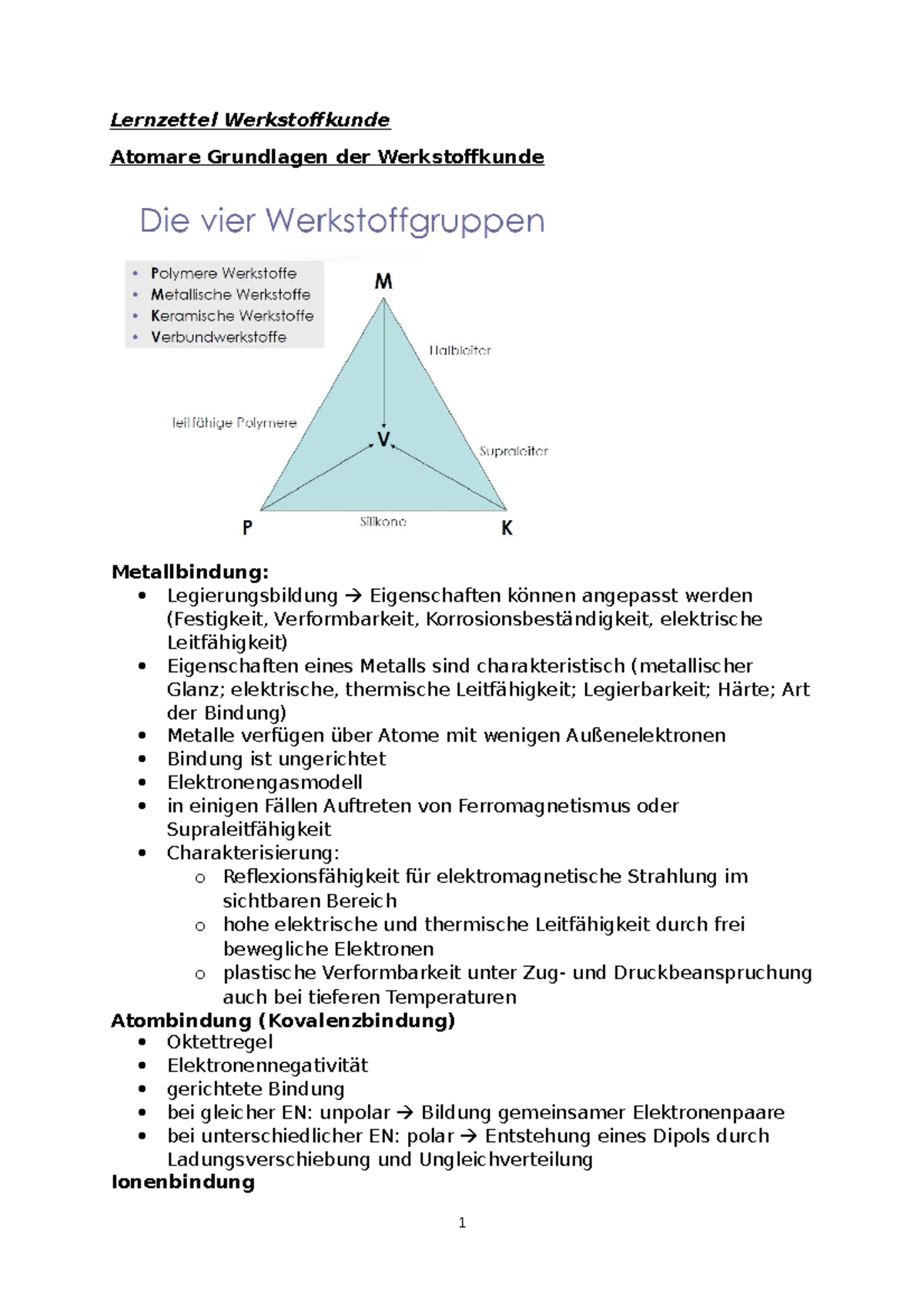 Lernzettel Werkstoffkunde 1 - Lernzettel Werkstoffkunde Atomare Grundlagen der Werkstoffkunde ...