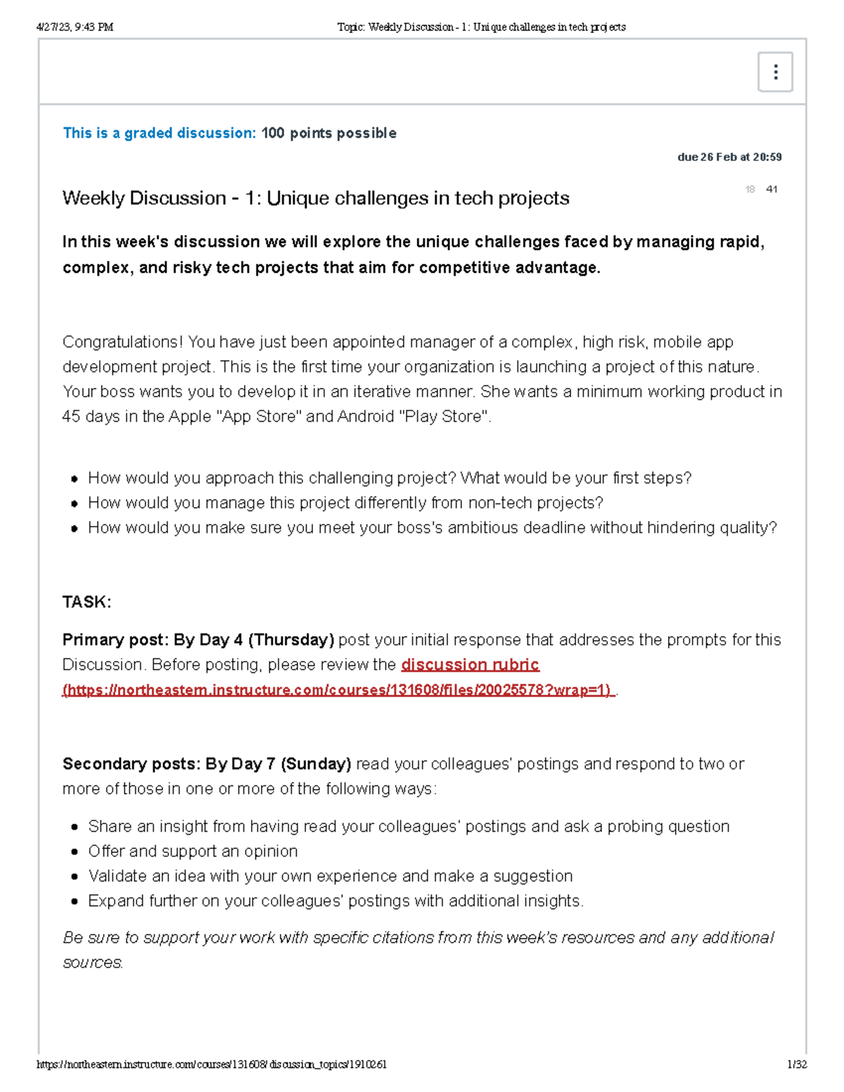 Topic Weekly Discussion - 1 Unique challenges in tech projects ...