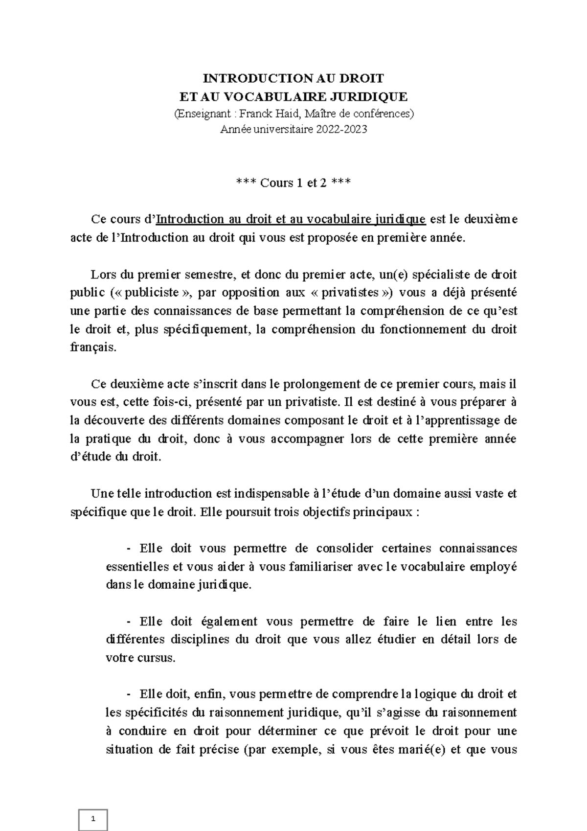Introduction au droit 2022-2023 (Cours 1 et 2) - INTRODUCTION AU DROIT ET AU VOCABULAIRE ...