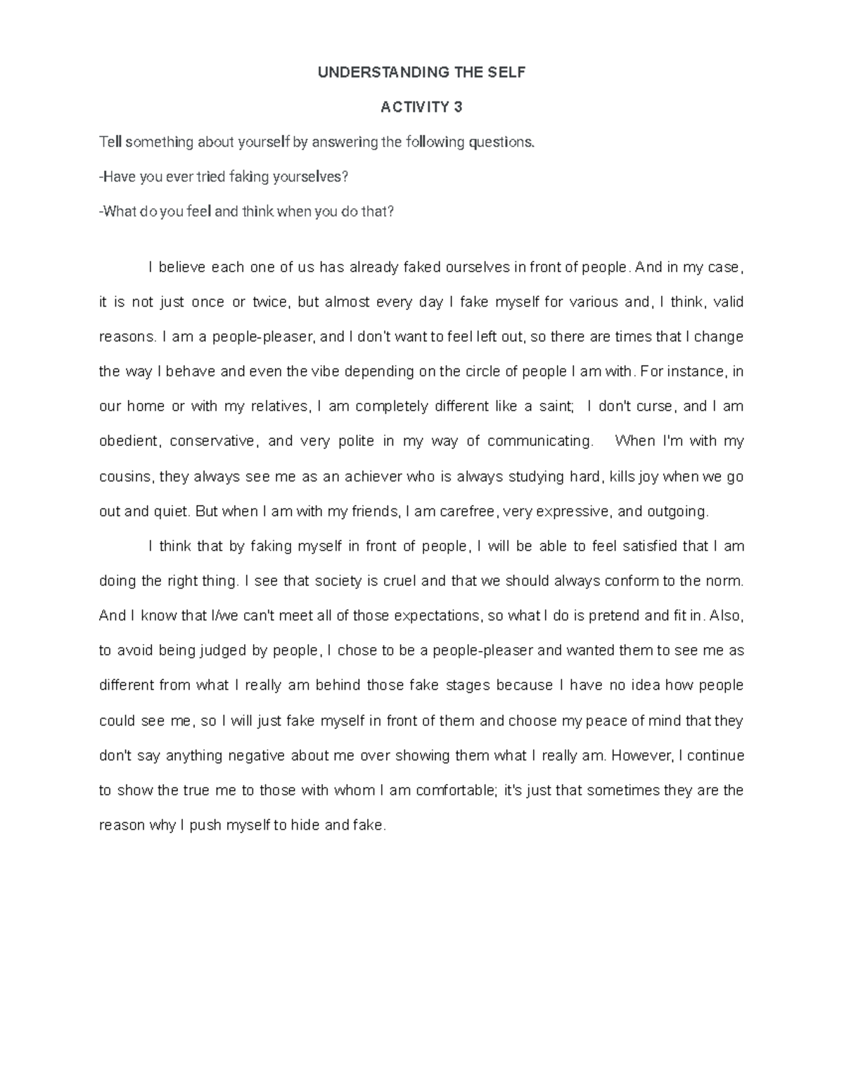 Understanding THE SELF ACT#3 - UNDERSTANDING THE SELF ACTIVITY 3 Tell ...