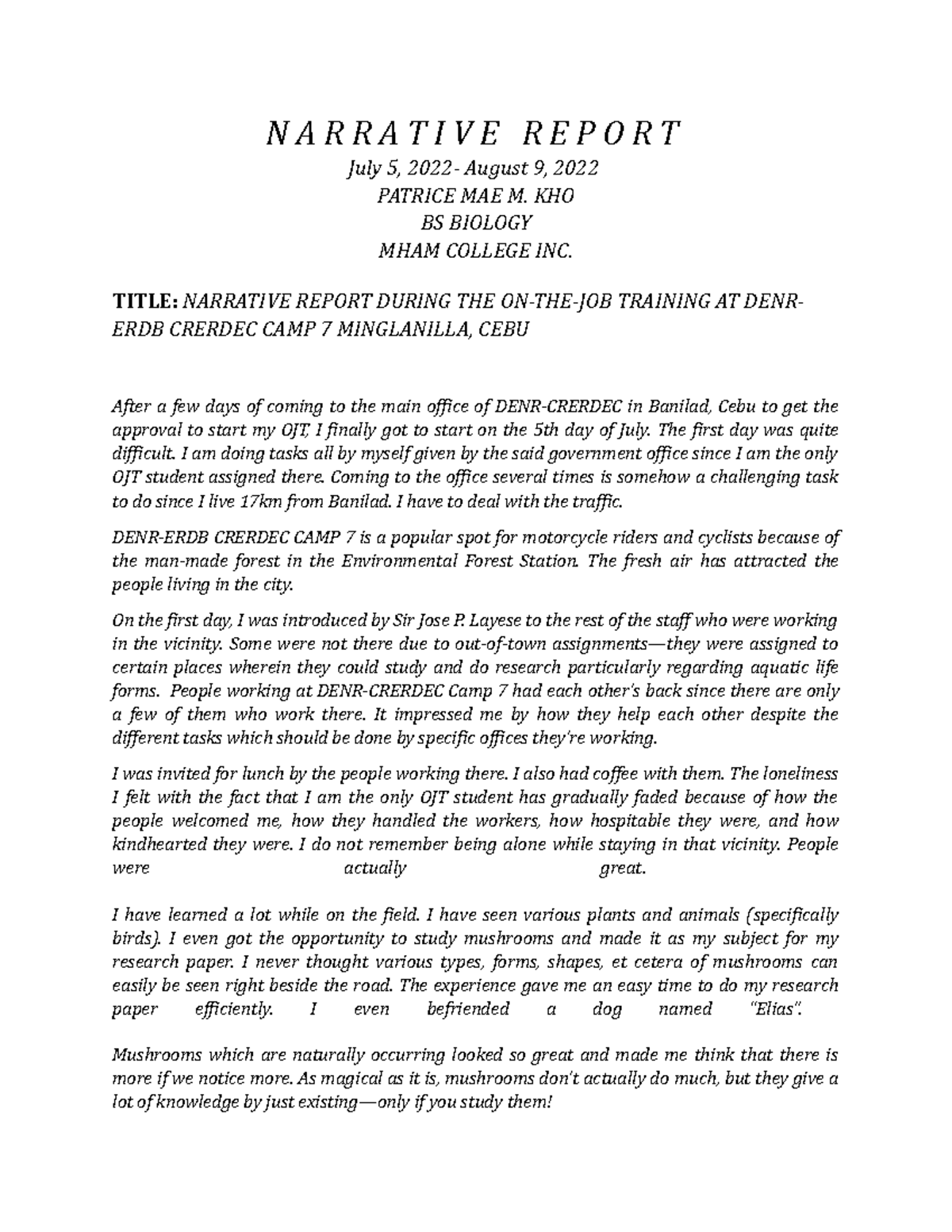 Narrative Report OJT - N A R R A T I V E R E P O R T July 5, 2022 ...