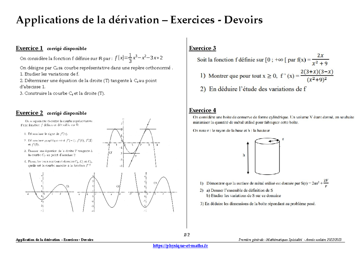 Application derivation exercices - Applications de la dérivation – Exercices - Devoirs Exercice ...