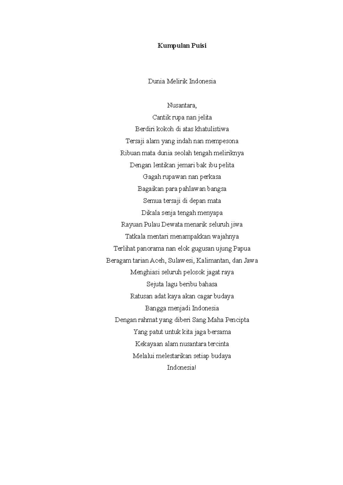 Puisi 1 - Kumpulan Puisi Dunia Melirik Indonesia Nusantara, Cantik rupa ...