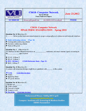 CS601 Mcqs Mid Term By Vu Topper RM - Cs- 601 Update Book Quiz- Mcq’s Solution 100% Correct ...