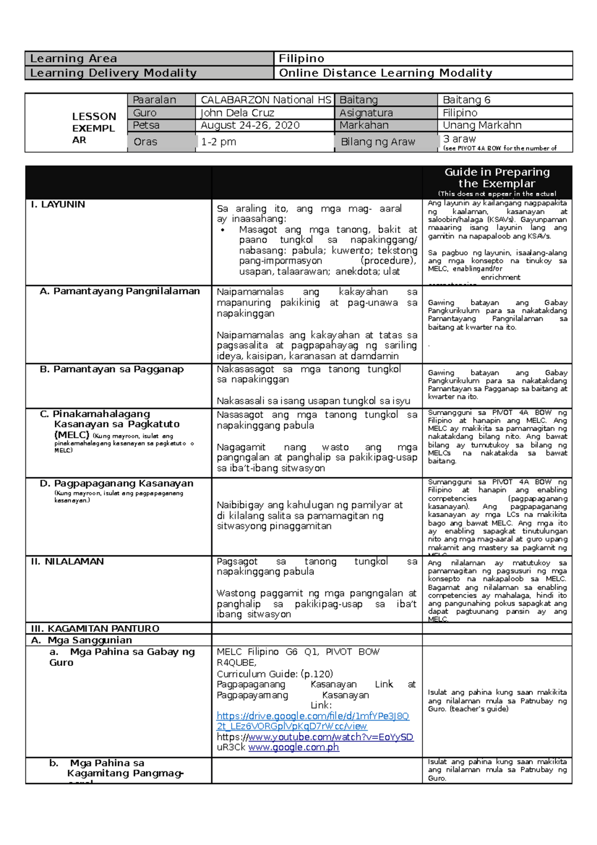 Lesson Exemplar Grade 6 Filipino - Learning Area Filipino Learning ...