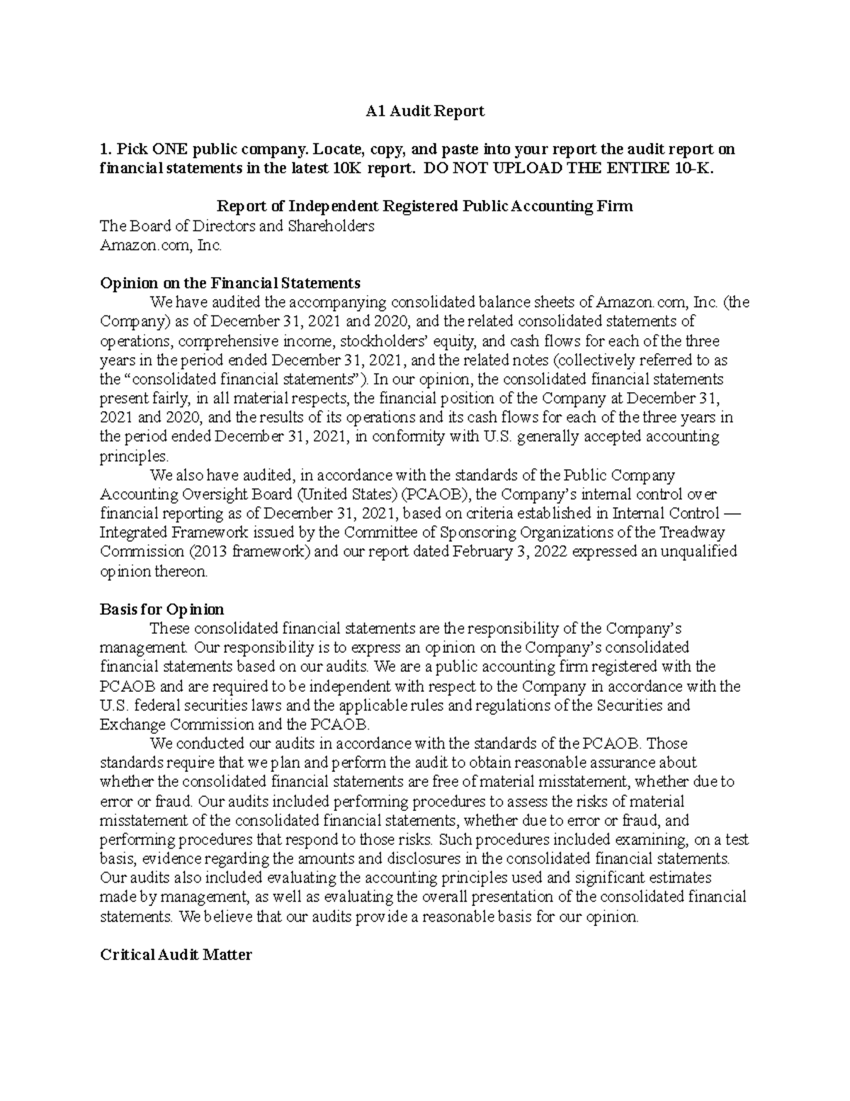 A1 Audit Report - A1 Audit Report Pick ONE public company. Locate, copy ...