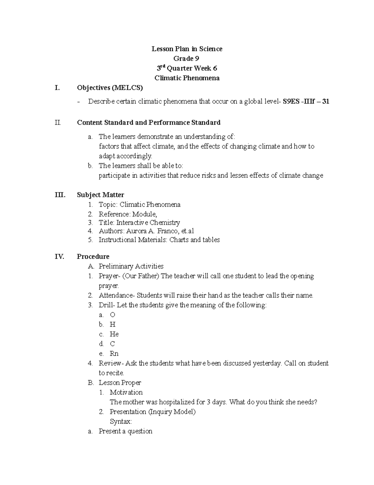 Lesson Plan in Science Grade 9 - Objectives (MELCS) - Describe certain ...
