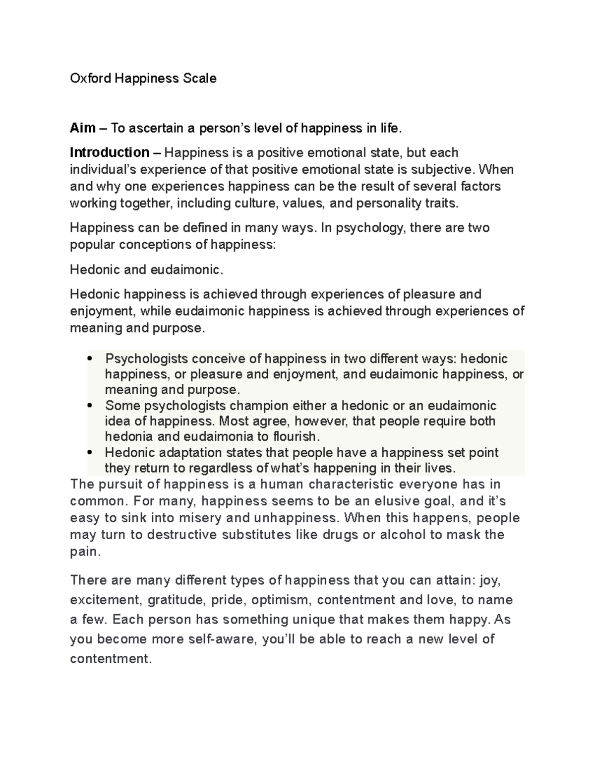 Oxford Happiness Scale - Introduction – Happiness is a positive ...