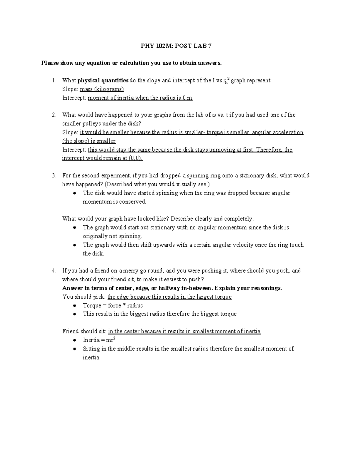 PHY 102 M Post Lab 7 - This is the completed assignment for Post Lab 7 for PHY 102 M - the ...
