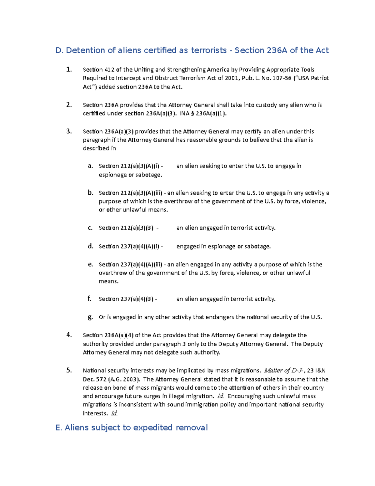 Immigration law m3 - D. Detention of aliens certified as terrorists ...