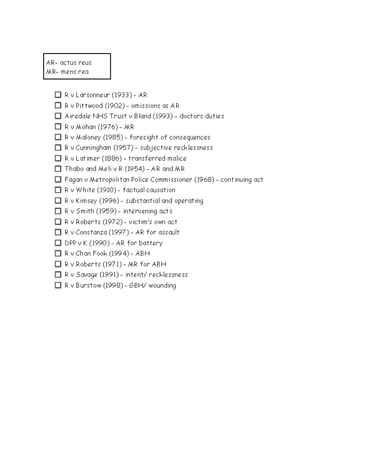 Important cases - AR- actus reus MR- mens rea R v Larsonneur (1933 ...