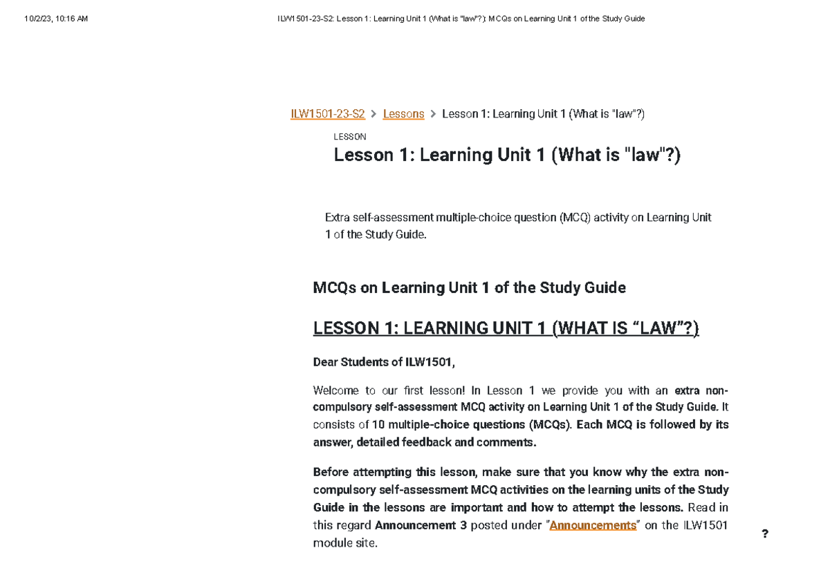 ILW1501-23-S2 Lesson 1 Learning Unit 1 (What is law ) MCQs on Learning ...
