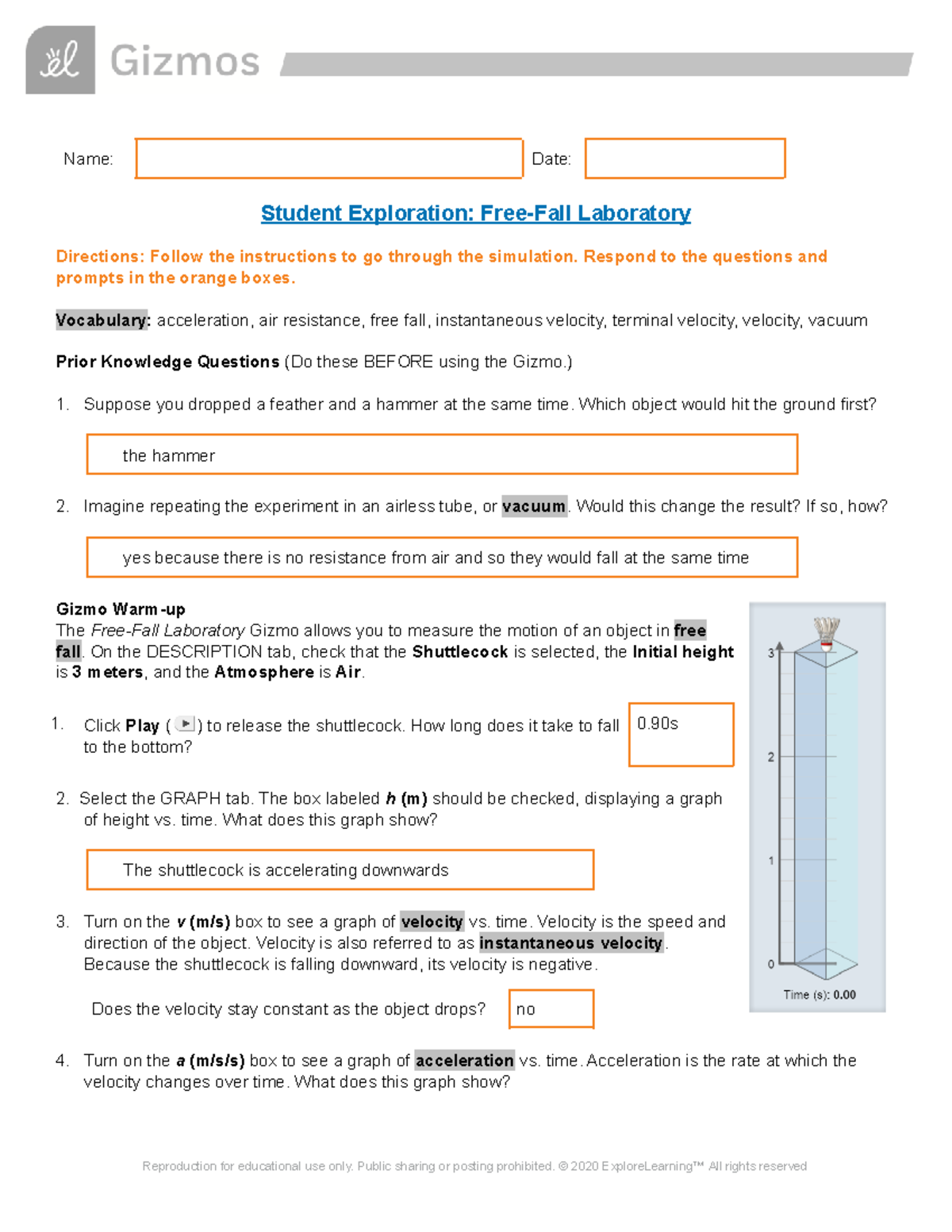 Lily Ahola - Gizmos Free Fall SE - Name: Date: Student Exploration ...