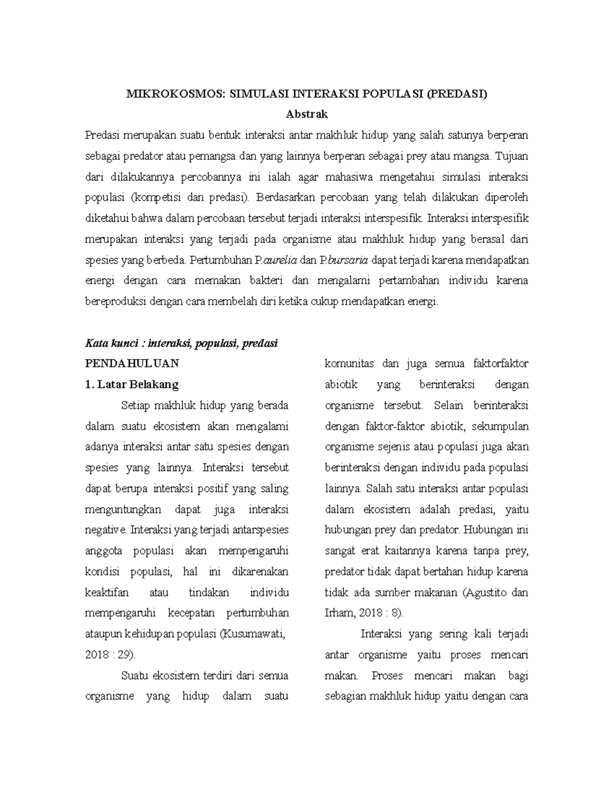 Ekologi 5 - MIKROKOSMOS: SIMULASI INTERAKSI POPULASI (PREDASI) Abstrak ...