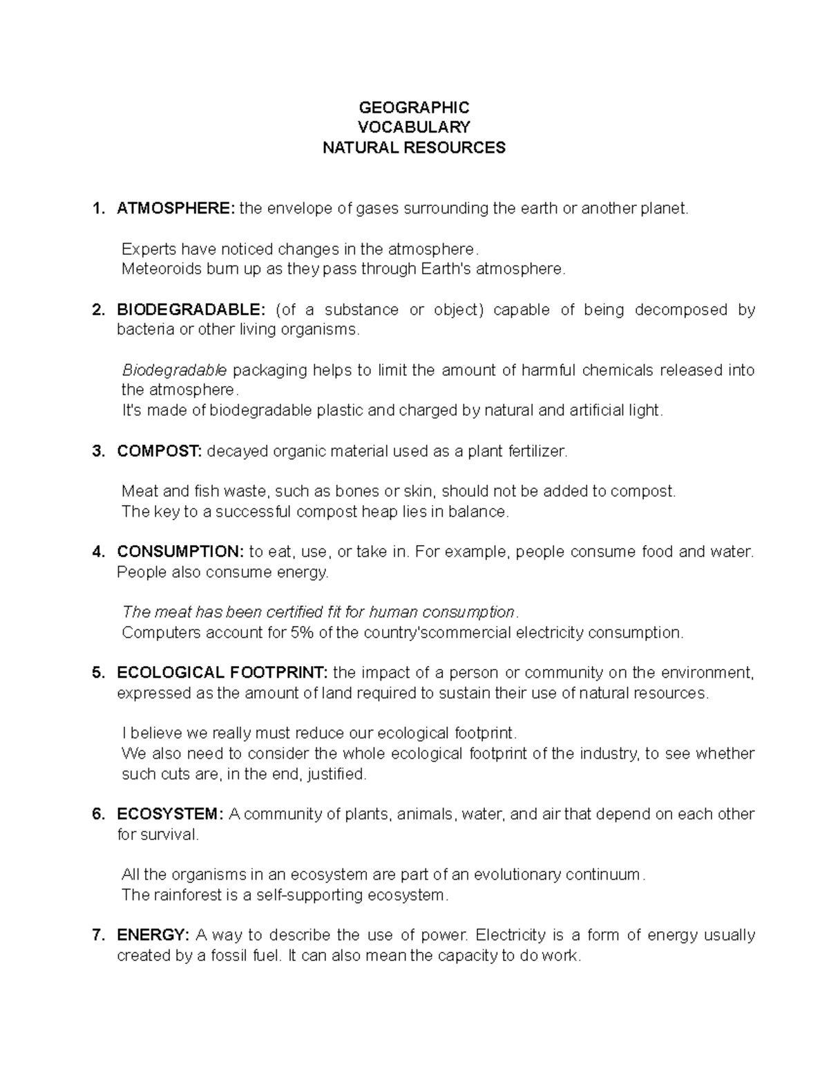 Geographic Vocabulary - GEOGRAPHIC VOCABULARY NATURAL RESOURCES ...
