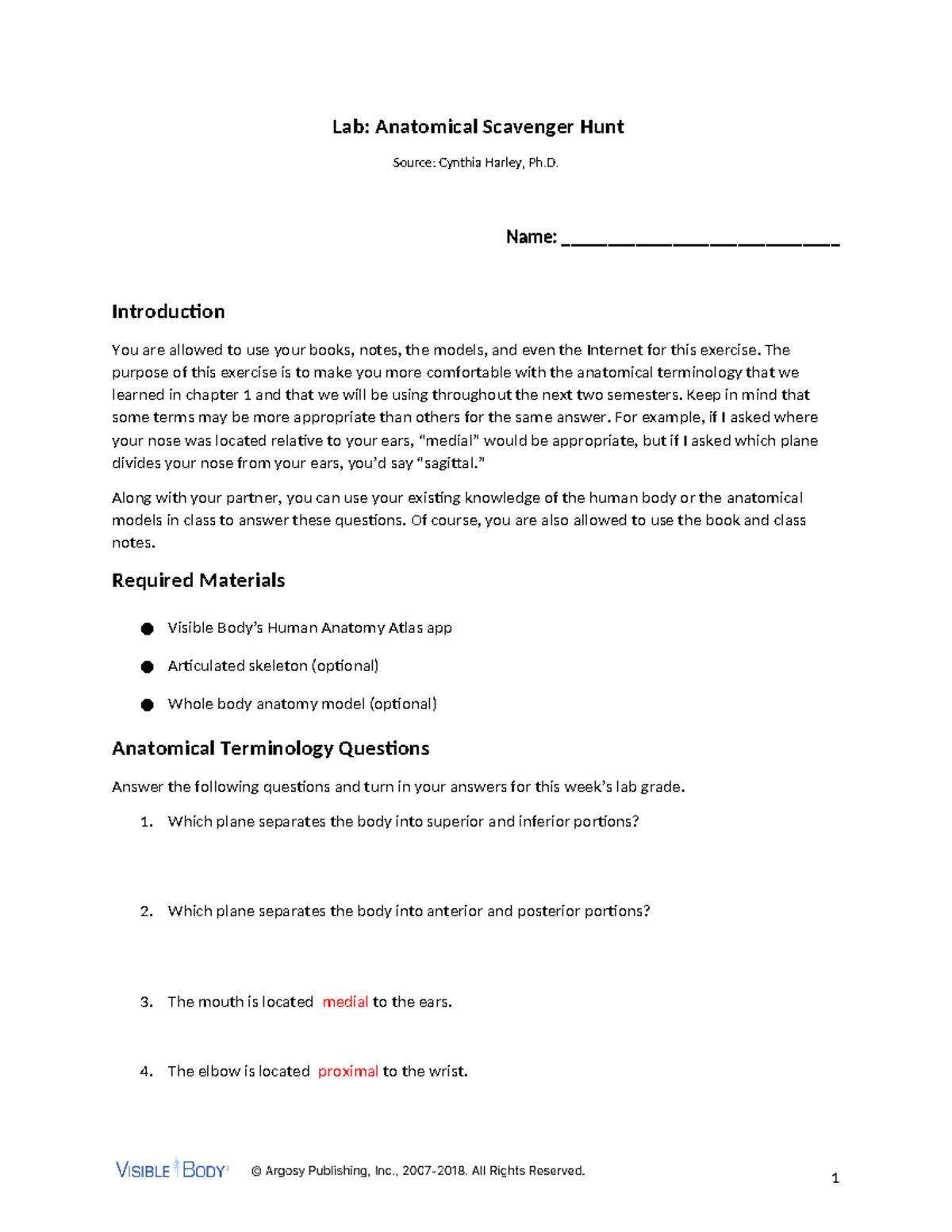 Lab Activity 1 - Anatomical Scavenger Hunt - Lab: Anatomical Scavenger ...