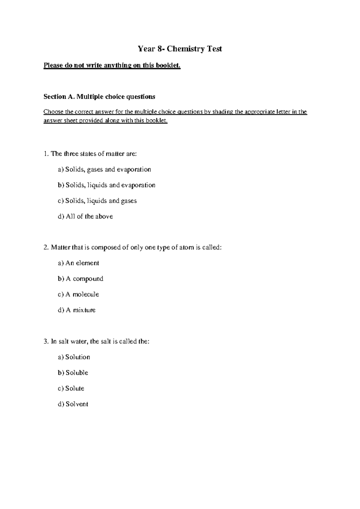 Year 8 Chemistry Test Sbshs - Year 8- Chemistry Test Please do not ...