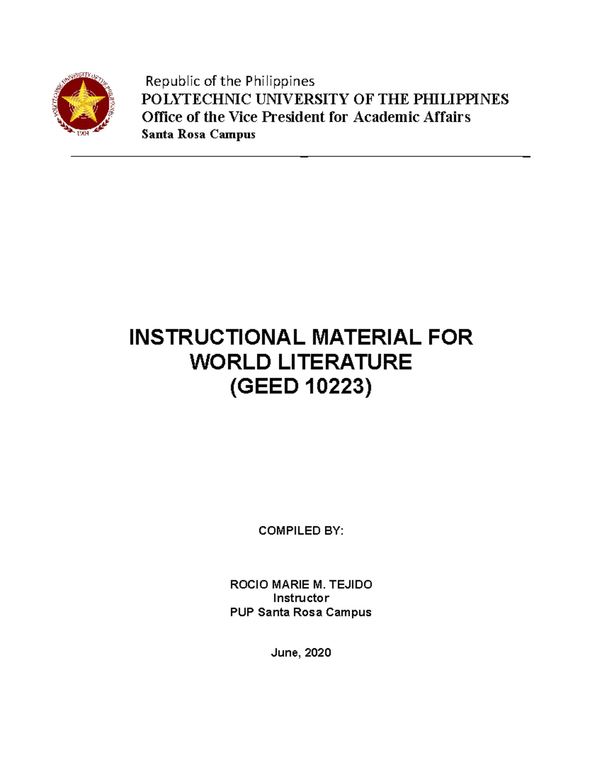 World Literature Module 2020 - Republic of the Philippines POLYTECHNIC ...