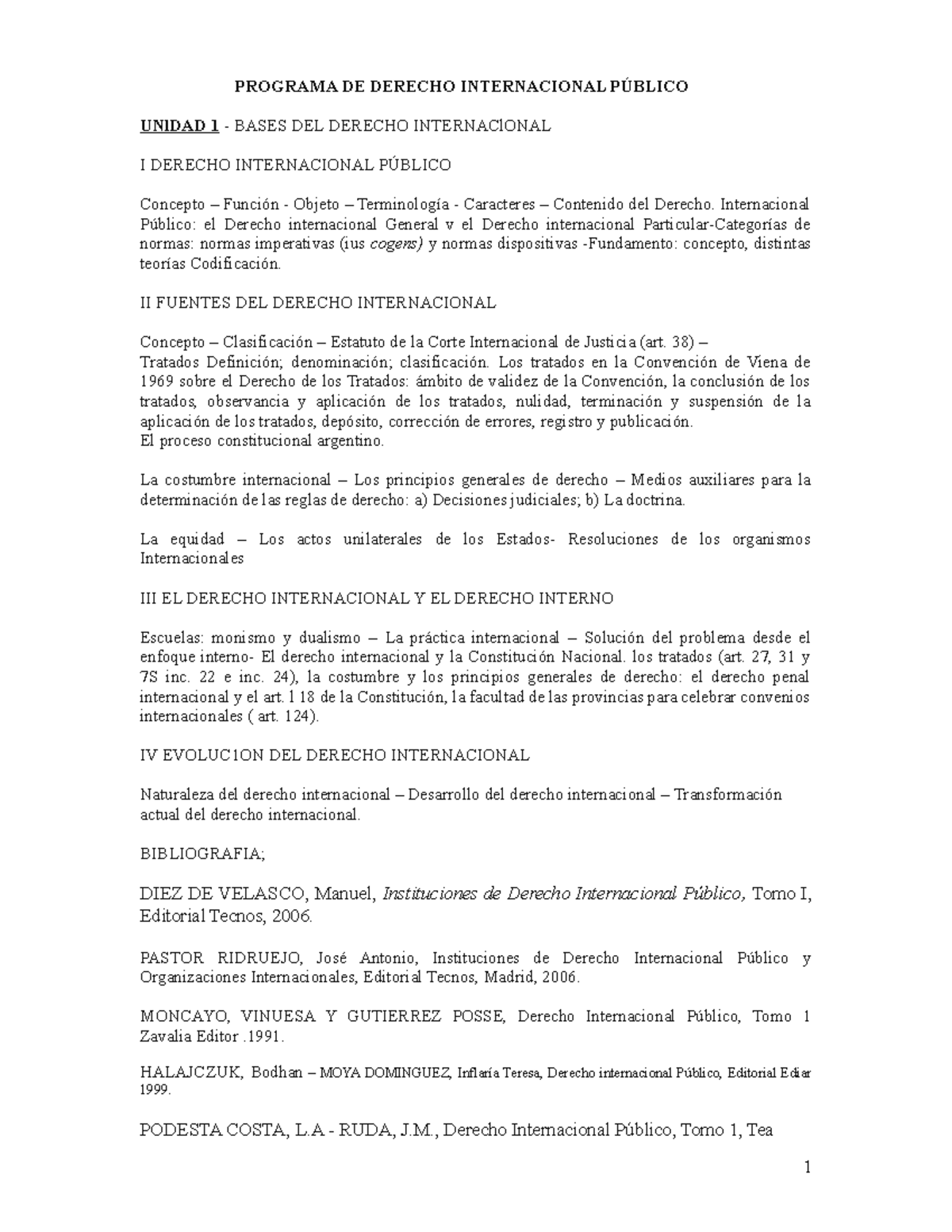 Programa DIP Imprimir - PROGRAMA DE DERECHO INTERNACIONAL PÚBLICO UNlDAD 1 - BASES DEL DERECHO ...