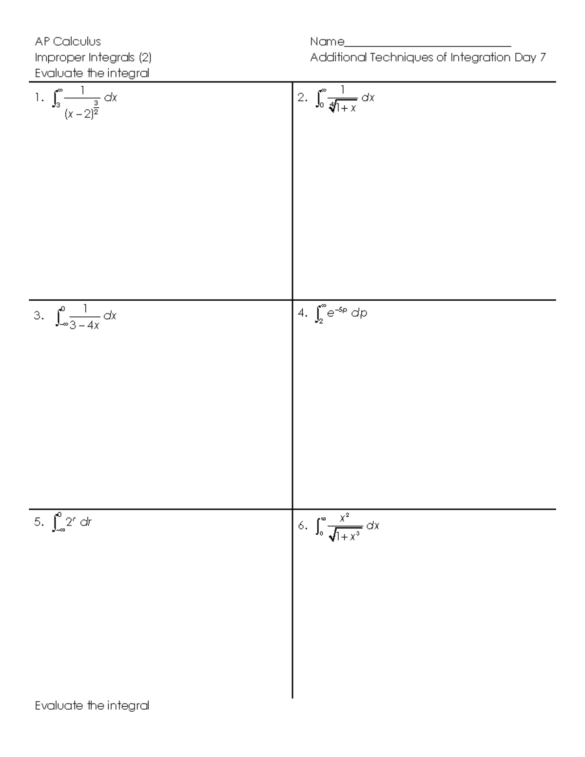Add Int Day 7 Improper Integrals Pg. 551 5-7, 9-15, 19, 23 - AP ...