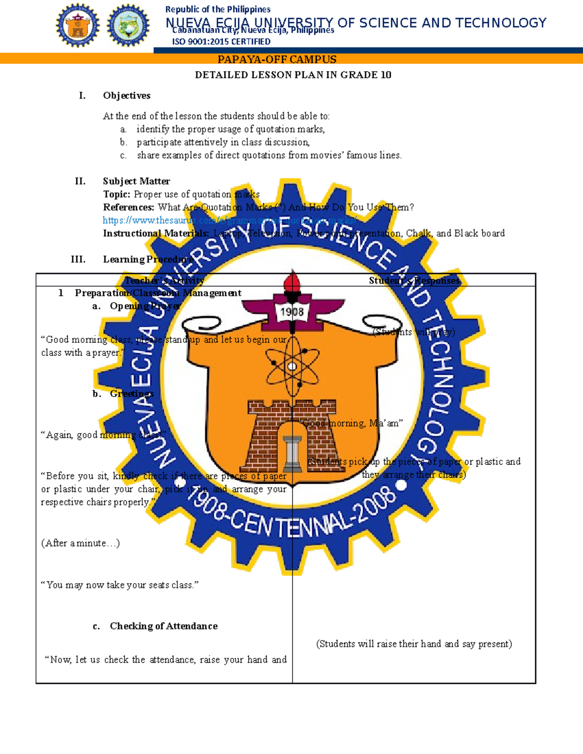 Detailed Lesson Plan about Quotation marks - DETAILED LESSON PLAN IN ...
