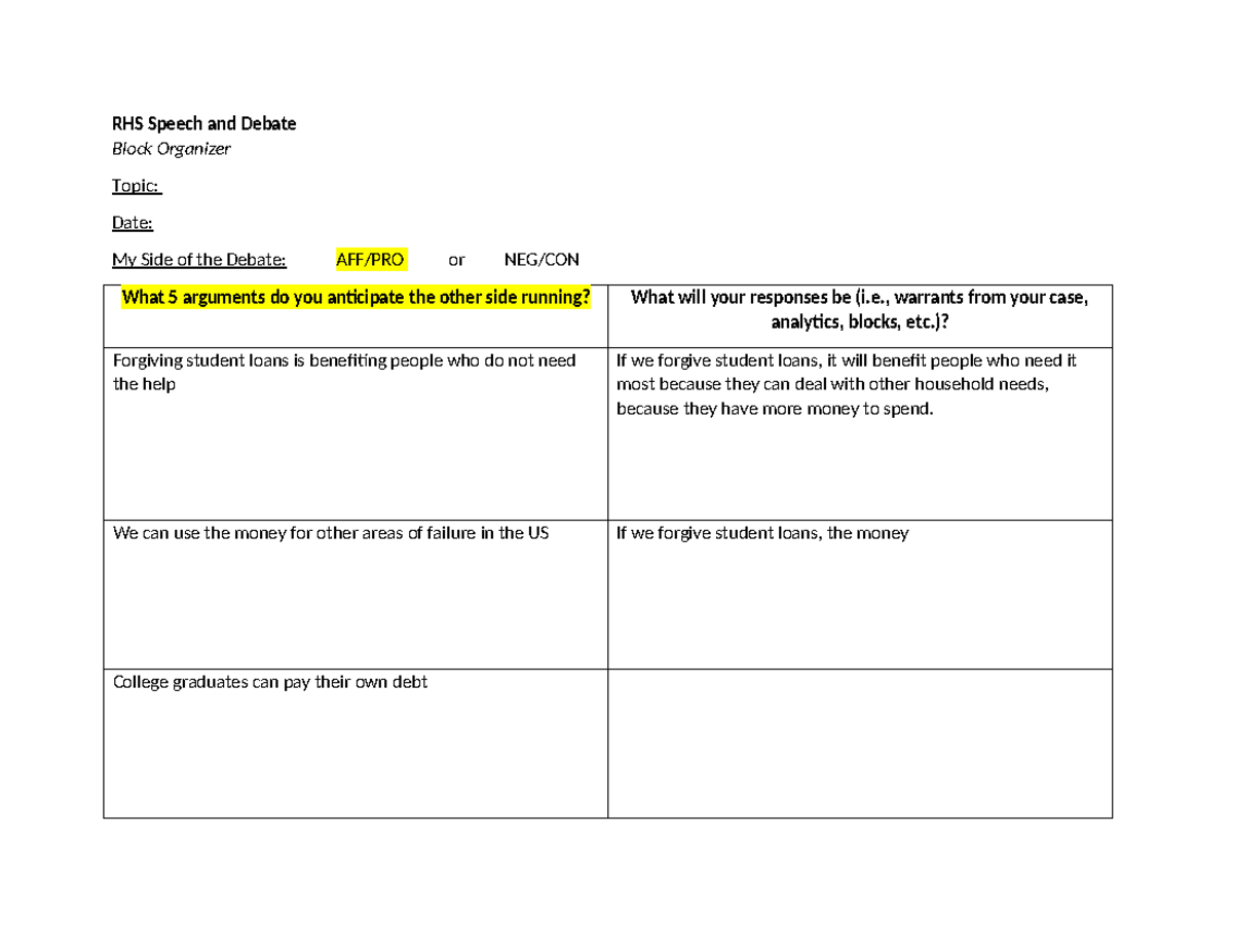 Block Worksheets Example - RHS Speech and Debate Block Organizer Topic ...