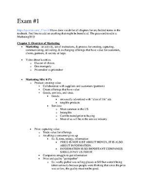 Marketing 301 Exam 1 Study Guide - Margaret Kelly Marketing Exam 1 Study Guide Chapter One ...