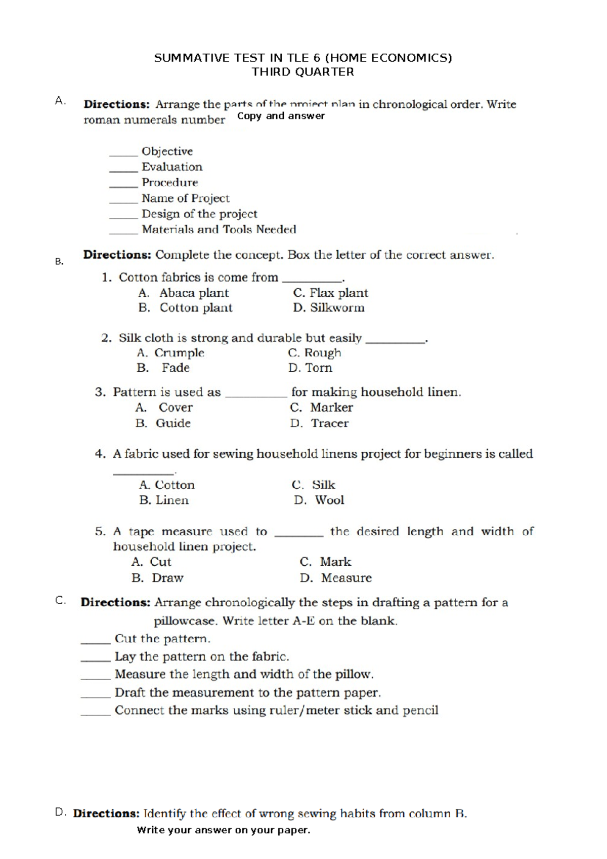 TLE #3 - Sample Summative Test - Bachelor of Elementary Education ...
