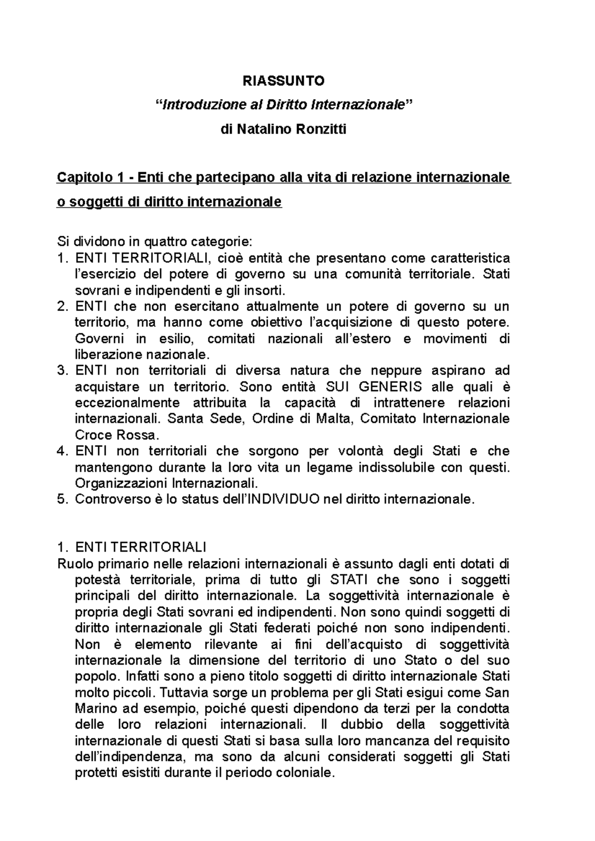 Diritto Internazionale ronzitti - RIASSUNTO “Introduzione al Diritto ...