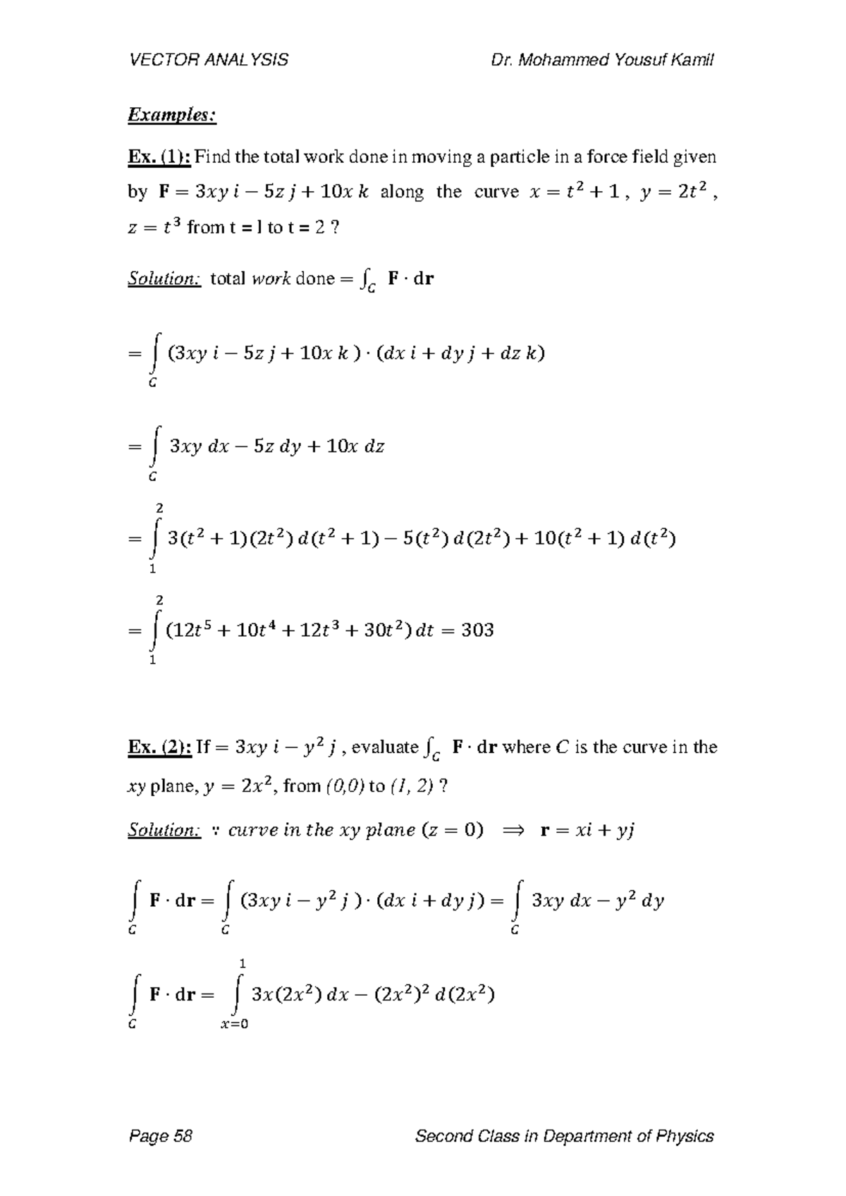 Calculus qns - notes - Examples: Ex. (1): Find the total work done in ...