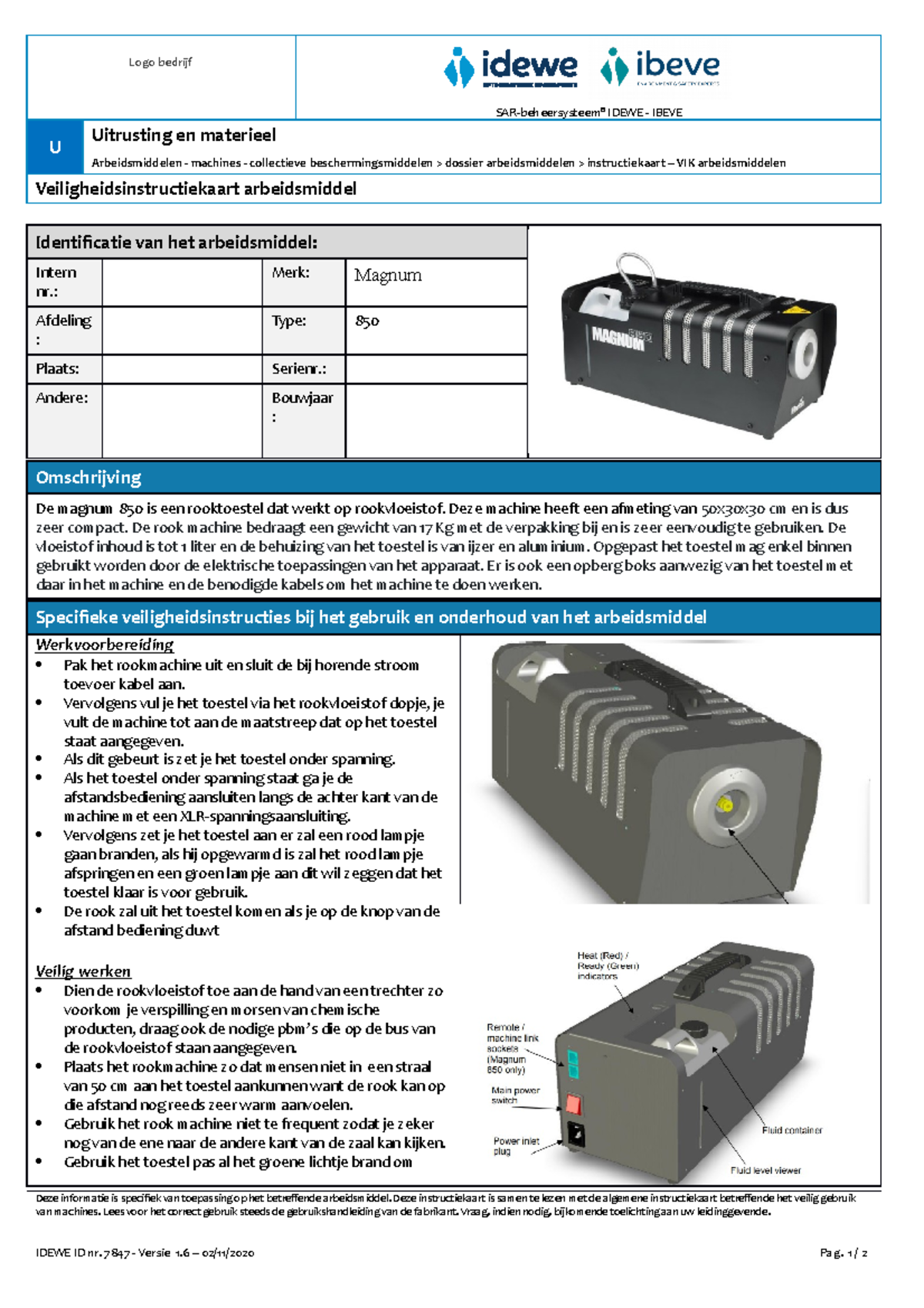 instructie kaart rookmachine - Logo bedrijf SAR-beheersysteem IDEWE ...