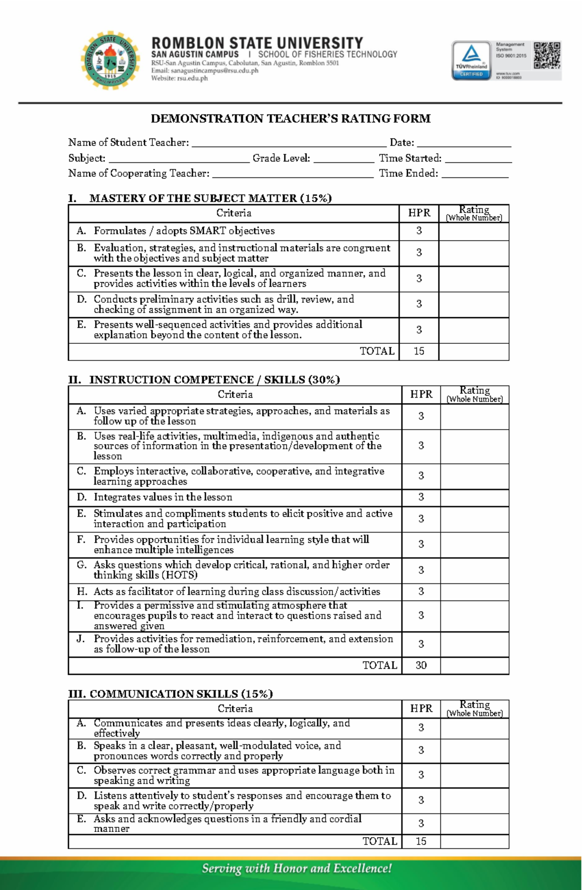 Demo Teaching Rating Form - DEMONSTRATION TEACHER’S RATING FORM Name of ...
