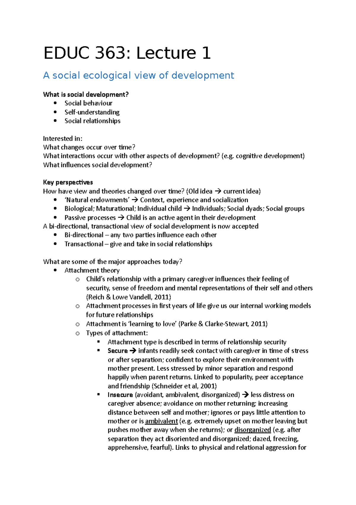 EDUC363 Lectures 1-11 - Lecture notes 1-11 - EDUC 363: Lecture 1 A ...