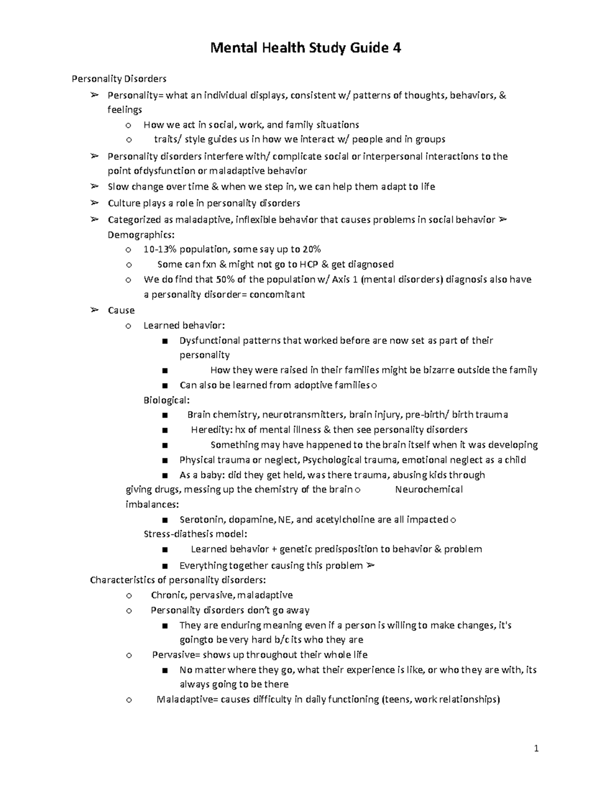 Mental Health Study Guide 4 - Personality Disorders Personality= what ...