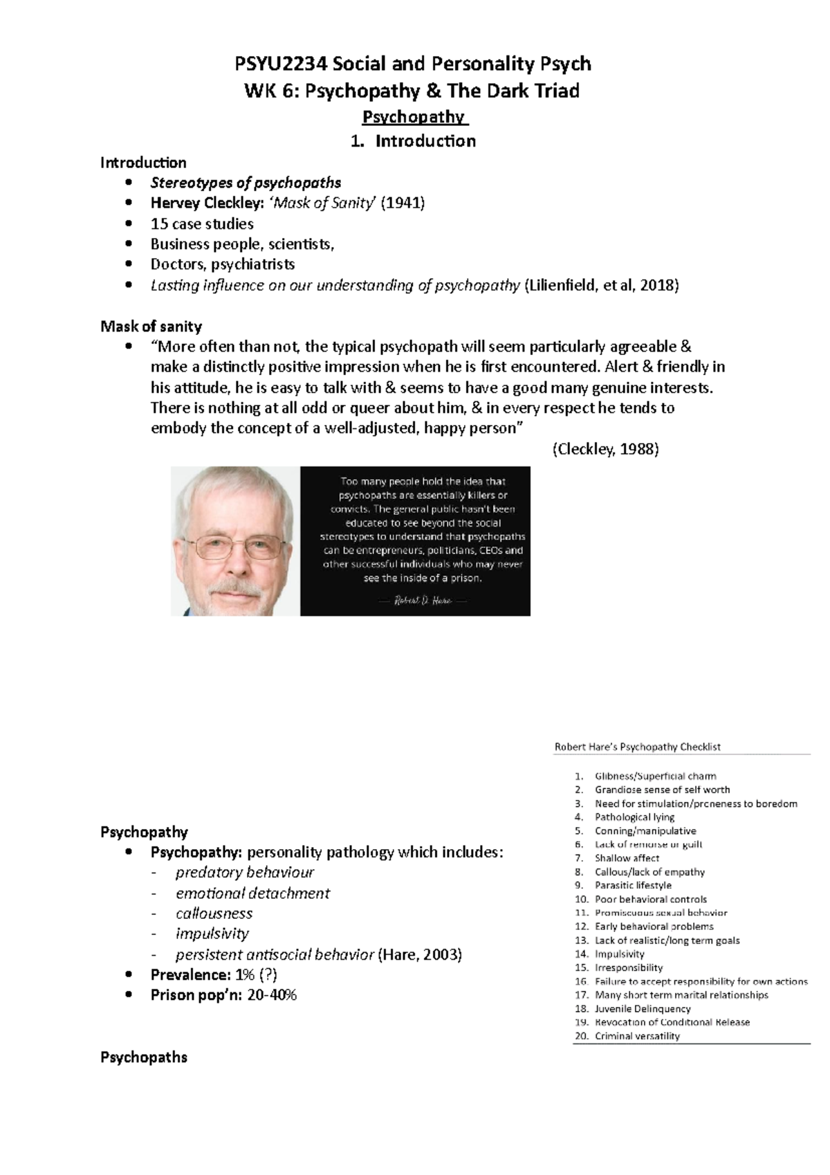 PSYU2234 WK6 Psychopathy & the dark triad - WK 6: Psychopathy & The ...