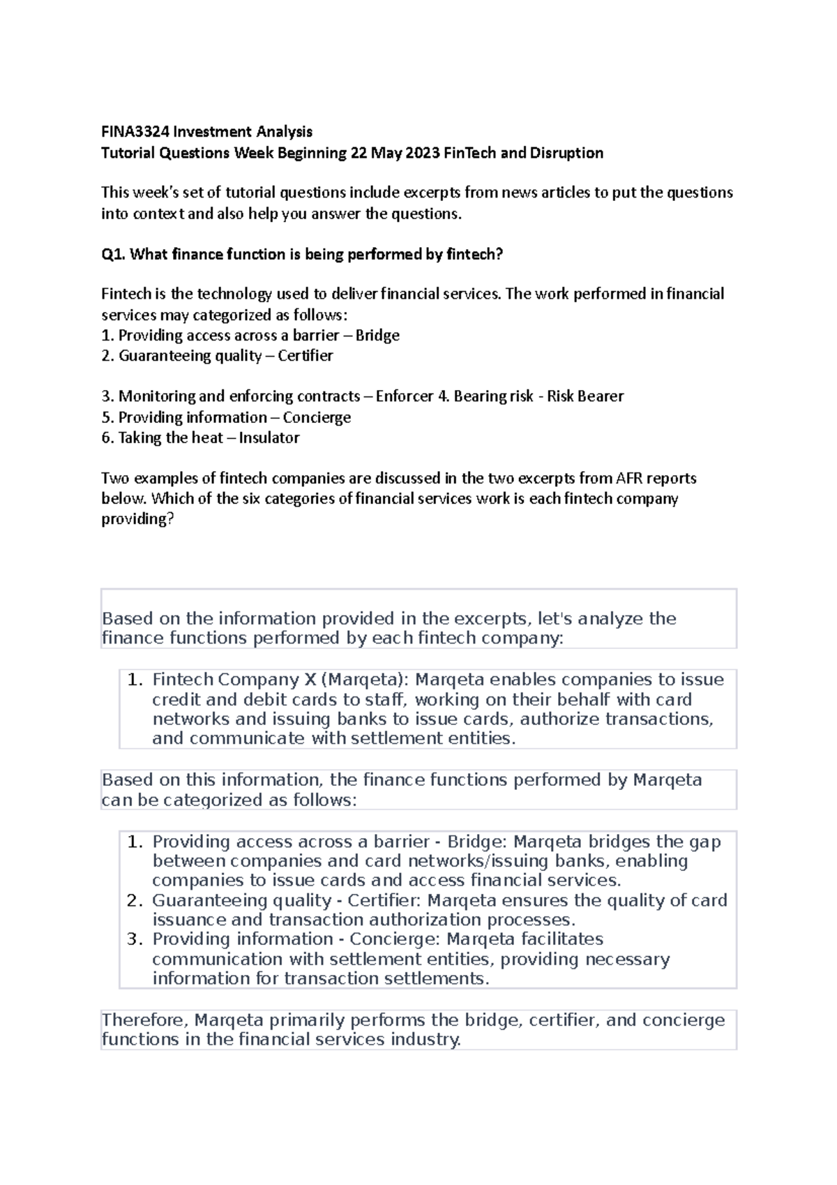 FINA3324 week 12 tute - for study - FINA3324 Investment Analysis ...