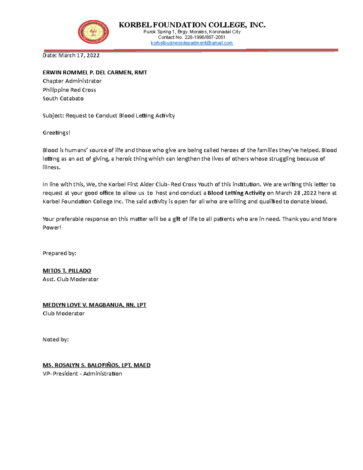 Request letter blood letting KORBEL FOUNDATION COLLEGE INC Purok 