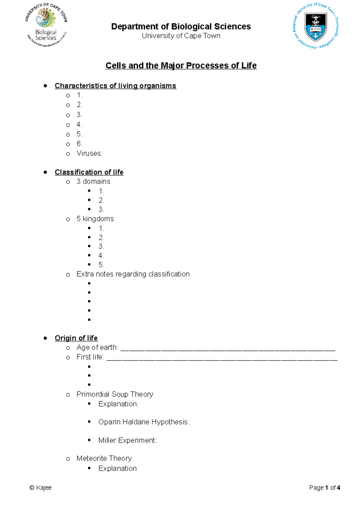 BIO1000 F Summary Guide Cells and the Major Processes of Life ...