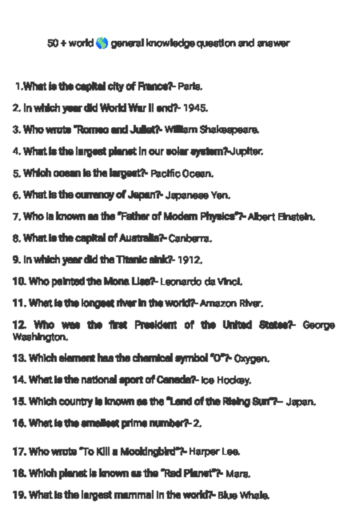 50 + world general knowledge question and answer - 50 + world 🌎 general ...