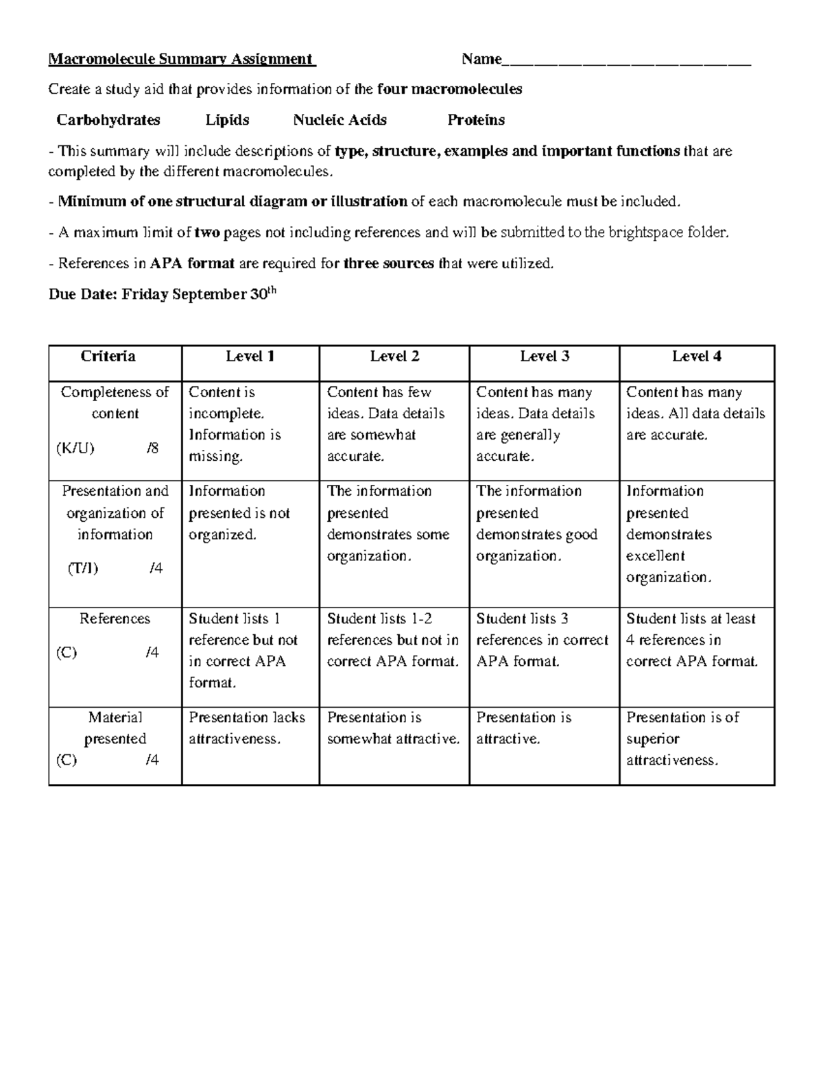Macromolecule Summary Assignment F 22 - Macromolecule Summary ...