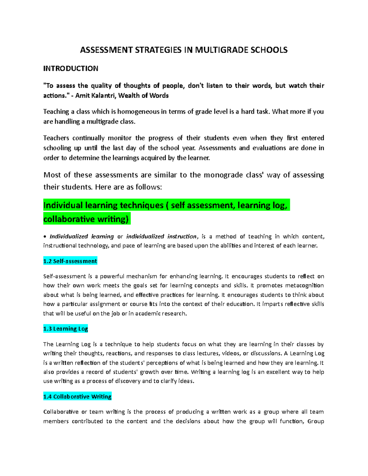 Assessment AND Evaluation DEMO 6 STRA-WPS Office - ASSESSMENT STRATEGIES IN MULTIGRADE SCHOOLS ...